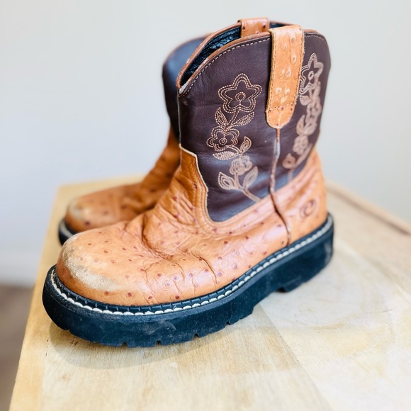 Roper | Shoes | Roper Brown Leather Ostrich Fatbaby Round Toe Cowboy ...